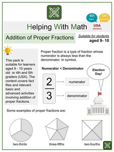 Addition Of Proper Fractions Math Worksheets Ages 9 10 Activities