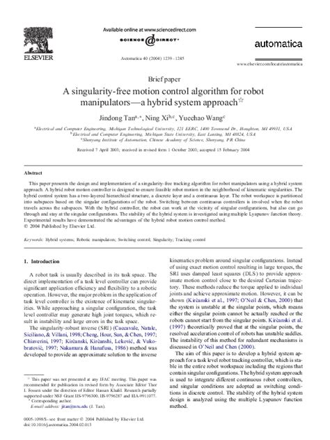Pdf A Singularity Free Motion Control Algorithm For Robot