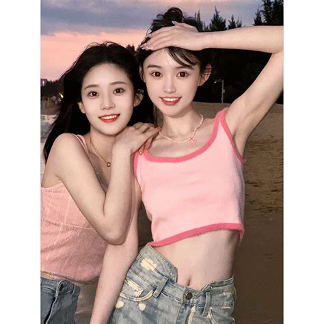 纯欲风甜美粉色毛绒拼接小吊带背心女装夏季内搭性感显瘦短款上衣虎窝淘