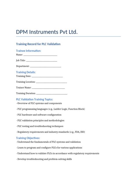 Plcvalidationtrainingrecorddpminstruments Pdf Plcvalidationtrainingrecorddpminstruments Pdf