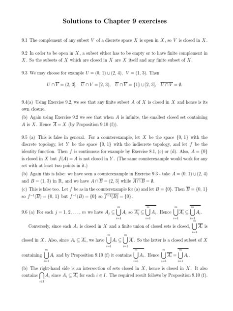 Analysis Of Solutions To Chapter 9 Exercises On Topological Spaces Pdf Mathematical Logic