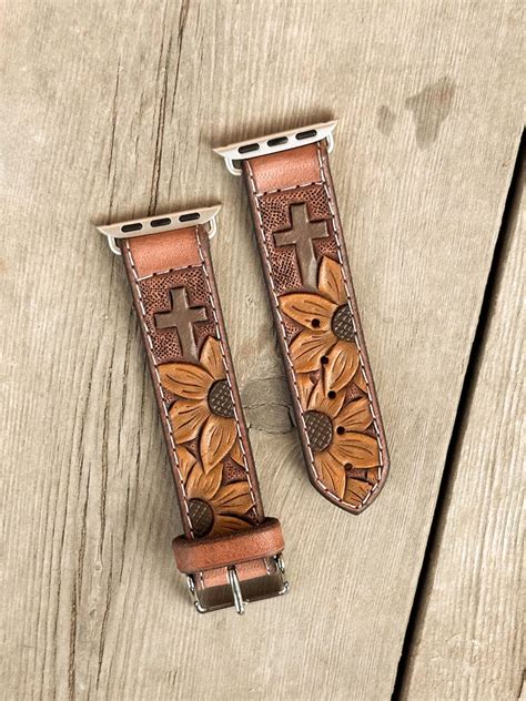Hand Tooled Leather Smart Watch Band Sunflower And Cross Design Etsy