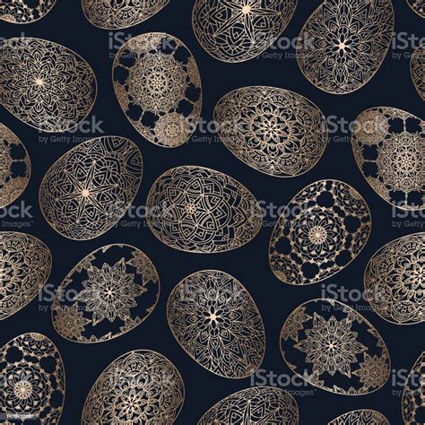 패턴 만다라 꽃 진한 파란색 배경에 나뭇잎으로 부활절 달걀의 매끄러운 패턴을 손으로 그렸습니다 부활절 인사말 카드 벽지 포장지 섬유의 화려한 개요 그림 개체 그룹에 대한