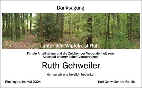 Traueranzeigen Von Ruth Gehweiler Schwaebischede Trauerportal