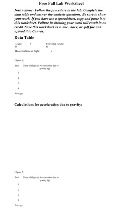 Solved Free Fall Lab Worksheet Instructions Follow The Chegg Com