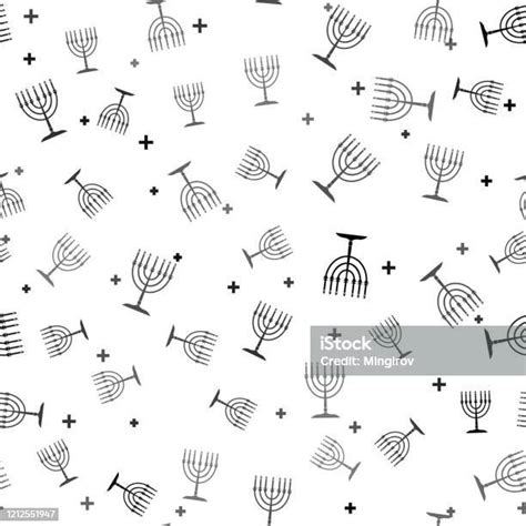 흰색 배경에 검은 하누카 메노라 아이콘 고립 원활한 패턴 종교 아이콘입니다 하누카 전통 상징 휴일 종교 빛의 유대인 축제 벡터 일러스트레이션 12월에 대한 스톡 벡터 아트