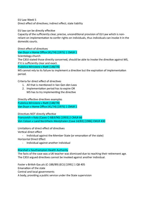Eu Law Week 5 Direct Effect Of Directives Indirect Effect State