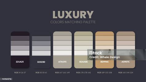 럭셔리 컬러 테마 컬렉션의 색상 팔레트 색상 영감 또는 코드 템플릿이 있는 색상 차트 Rgb의 색상 조합 세트입니다 색상 견본은 그래픽 디자인 아트 패션 또는 웹 디자인을