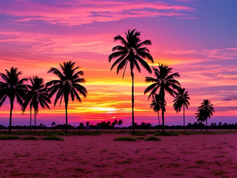There Are Palm Trees In The Field With A Pink Sky During Sunset