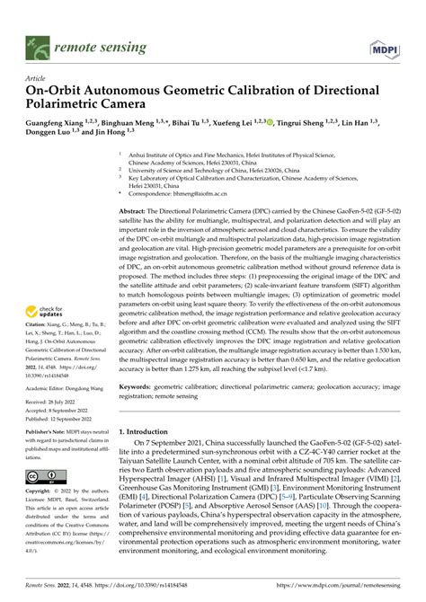 Pdf On Orbit Autonomous Geometric Calibration Of Directional Polarimetric Camera