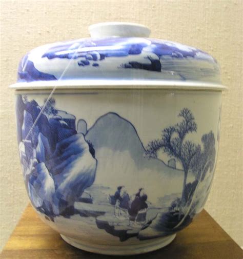 清康熙青花山水人物纹盖罐图册360百科