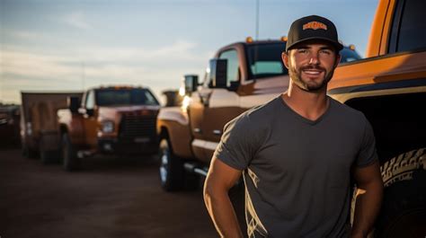 Premium Photo Bearded Young Male Trucker With Crossed Arms Smiling In