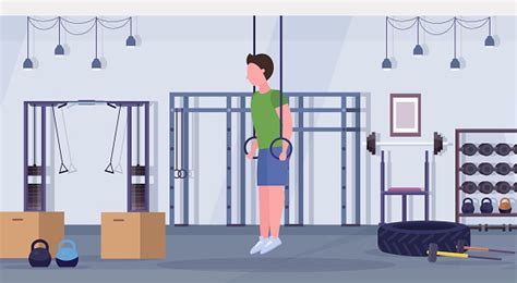 스포티 한 남자 하 고 링 딥 운동 체조 반지 남자 훈련 심장 크로스 핏 운동 개념 현대 체육관 헬스 클럽 스튜디오 인테리어 수평 전체 길이 개념에 대한 스톡 벡터 아트 및