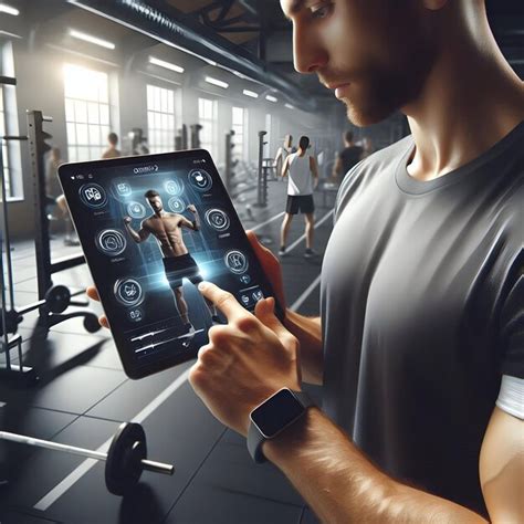 Fitness Trainer Using A Glossy Workout App On Tablet In Modern Gym