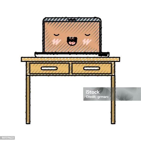 서랍 및 색된 크레용 실루엣에서 위에 귀여운 노트북 컴퓨터 책상 테이블 교육에 대한 스톡 벡터 아트 및 기타 이미지 교육 귀여운 노트북 Istock