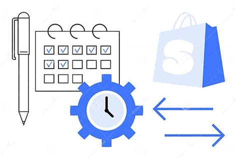 Efficient Workflow Automation With Shopping Icon Gear Clock Calendar Pen And Arrows Stock