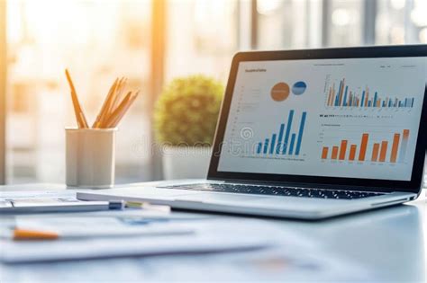 Laptop Displaying Business Analytics On A Desk In A Bright Office With Financial Charts And