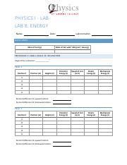 Physics I Lab Energy Data Sheet Pdf PHYSICS I LAB LAB ENERGY Name Date Lab