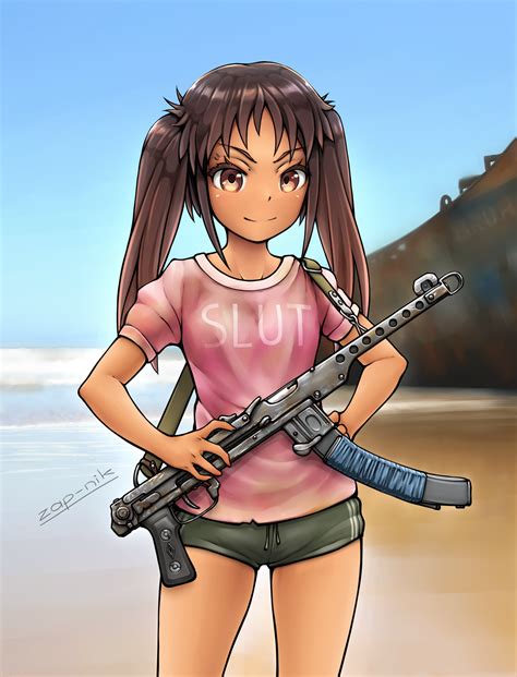 Zap Nik Original Slut Shirt Commentary Highres 1girl Artist Name Beach Blue Sky Brown