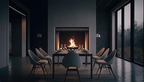 Premium Ai Image A Dining Room Scene With A Beautiful Fireplace And Chairs