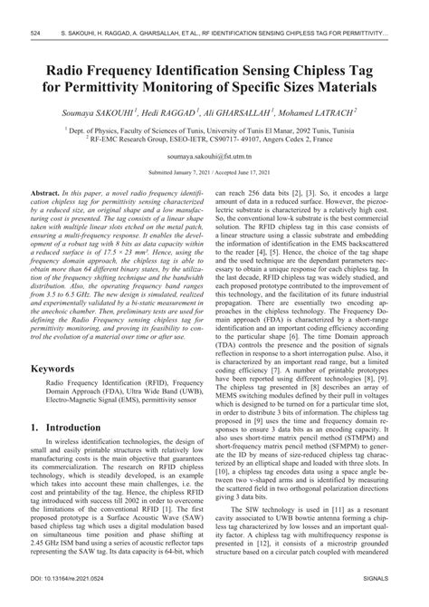 PDF Radio Frequency Identification Sensing Chipless Tag For Permittivity Monitoring Of