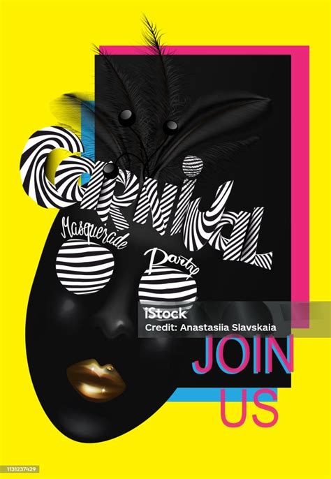 검은 색 마스크와 줄무늬 문자가 있는 무도회 파티 초대장 카드 팝 아트입니다 벡터 일러스트 Performing Arts