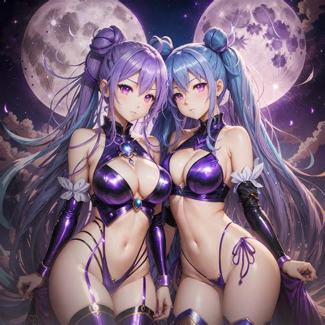 Magic Warrior Purple And Blue Hair Anime Girl In Sexy Costume Posing