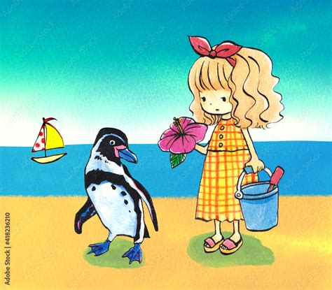 浜辺のフンボルトペンギンと女の子のイラスト Stock Illustration Adobe Stock