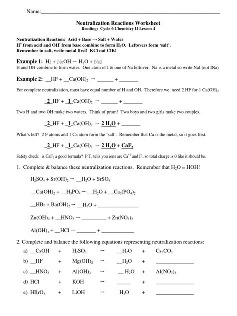 Worksheet 3 Neutralization Reactions Pdf