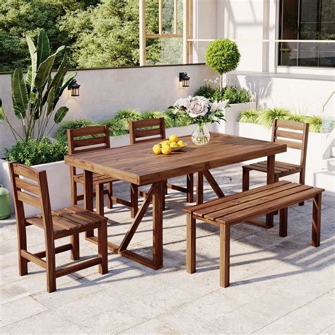 6 Piece Outdoor Dining Table Set Acacia Wood Patio Furniture Set With
