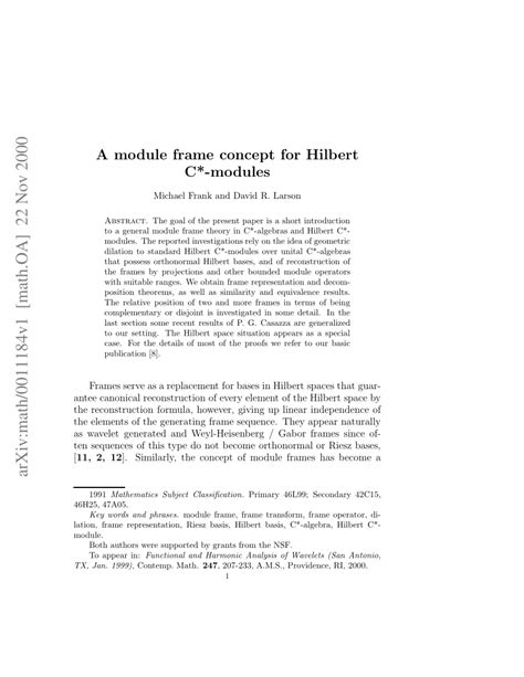PDF A Module Frame Concept For Hilbert C Modules