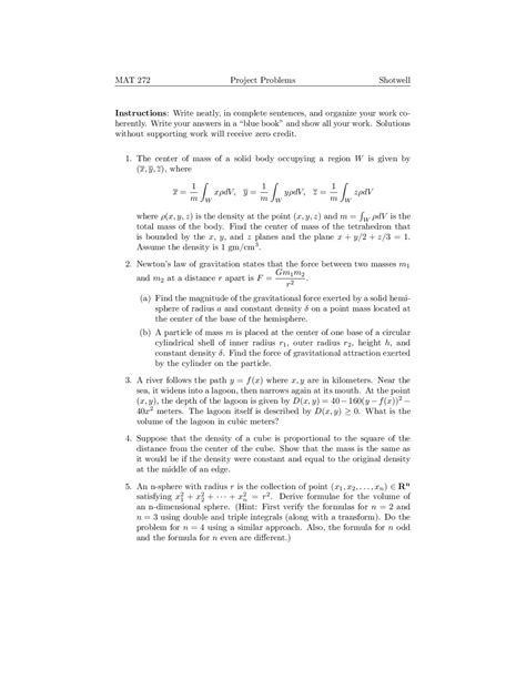 5 Questions For Calculate With Analytic Geometry Iii Project Mat 272 Docsity