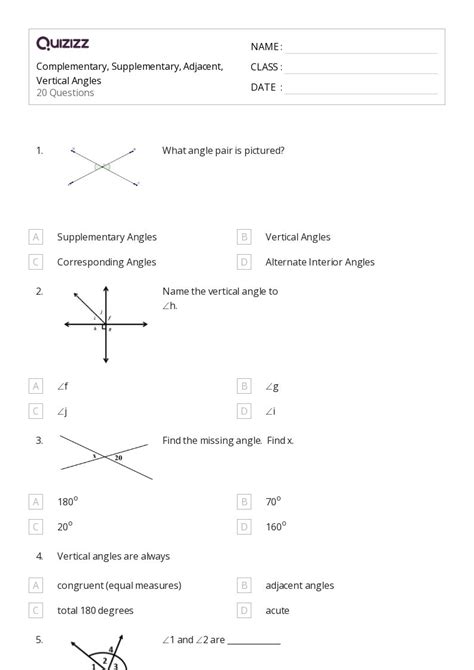 50 Complementary Supplementary Vertical And Adjacent Angles Worksheets For 7th Class On