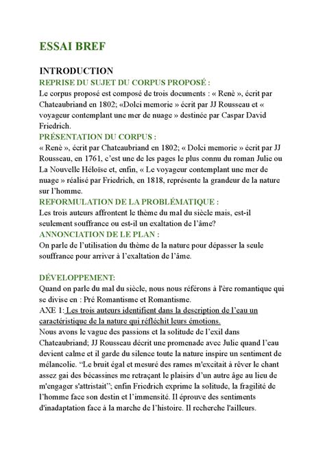 Esempio Completo Di Essai Bref Prove Desame Di Francese Docsity