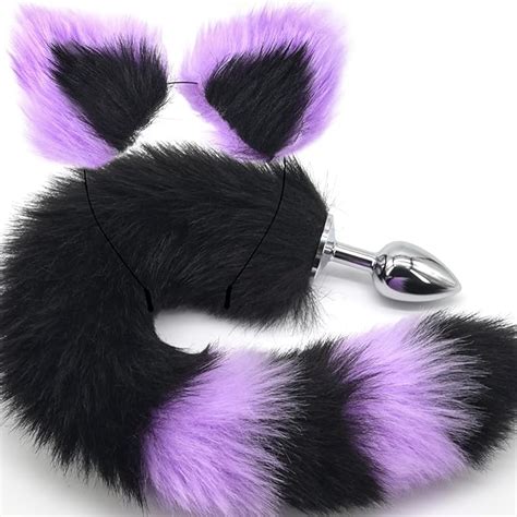 Mebault Anal Plug Fox Tail With Ear For Cosplay Game Black