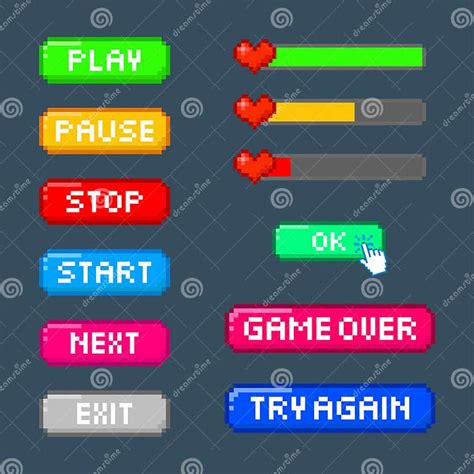 Game Button Pixel Art With Cursor Hand Clicking Stock Vector