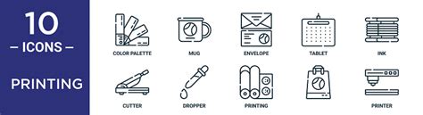 인쇄 개요 아이콘 세트에는 얇은 선 색상 팔레트 봉투 잉크 드롭퍼 프린터 보고서 프리젠 테이션 다이어그램 웹 디자인을위한 커터 아이콘이 포함됩니다 아이콘에 대한 스톡 벡터