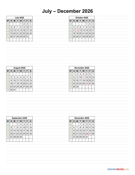 July To December 2026 Calendar Vertical Calendar Quickly