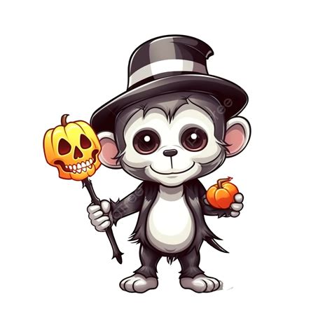 Cute Monkey Wearing Skeleton Halloween Costume And Carrying Lollipop
