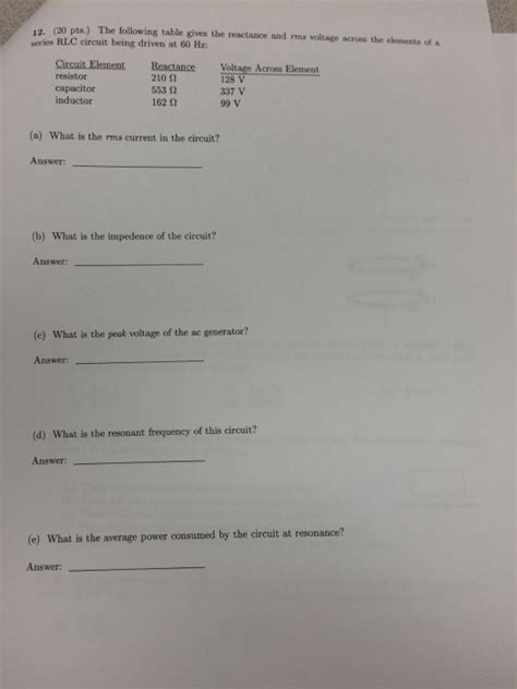 Solved The Following Table Gives The Reactance And Rms