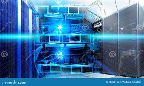 Information Technology Collage Of Data Center With Racks Equipment And Cables Router Stock Image