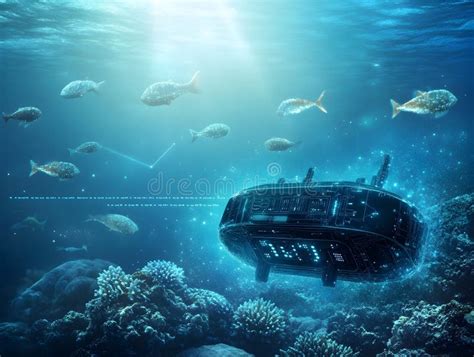 Futuristic Underwater Iot Submarine Monitoring And Protecting Marine Ecosystems Stock