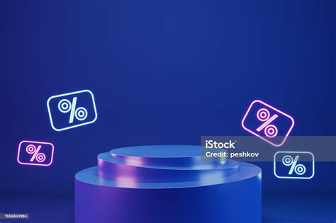 비어 있는 밝은 파란색은 추상적인 배경에서 판매를 의미하는 디지털 퍼센트 기호로 둘러싸인 제품 프레젠테이션을 의미합니다 3d
