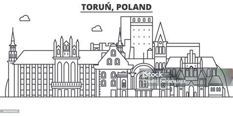 폴란드의 Torun 건축 선 스카이 라인 일러스트입니다 유명한 랜드마크 시티 명소와 선형 벡터 풍경 디자인 아이콘 편집 가능한 선 프리 토룬 폴란드에 대한 스톡 벡터 아트