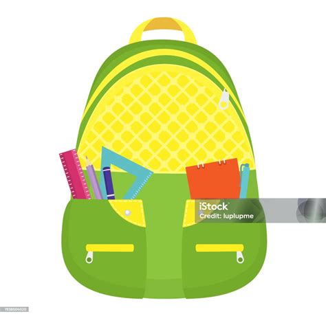 자 연필 공책과 같은 학용품이 들어 있는 밝은 녹색 배낭 교육과 학교 테마 벡터 일러스트 레이 션으로 돌아 가기 공부에 대한 스톡 벡터 아트 및 기타 이미지 Istock