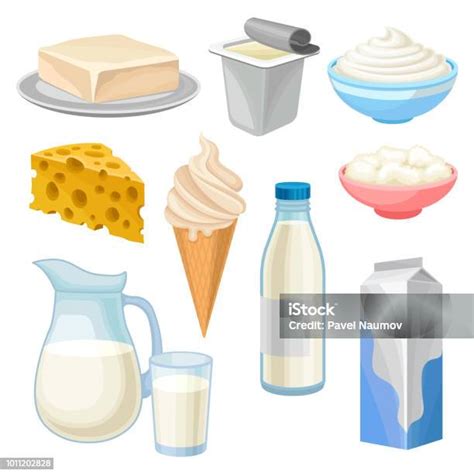 유제품 버터 요구르트 싸 워 크림 및 코 티 지 치즈 아이스크림 용기와 우유와 치즈의 유리 그릇 흰색 배경에 그림을 벡터 병에 대한 스톡 벡터 아트 및 기타 이미지 Istock