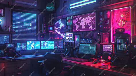 Futuristic Hacker Workspace With Neon Lights And Multiple Monitors