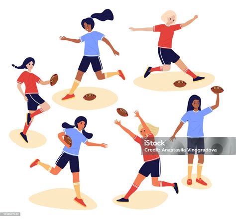 흰색 배경에 고립 된 젊은 여성 럭비 선수의 컬렉션입니다 평면 만화 스타일십대 소녀의 집합 다채로운 벡터 일러스트 레이션 볼과 함께 놀고 귀여운 행복한 여성의 번들 럭비