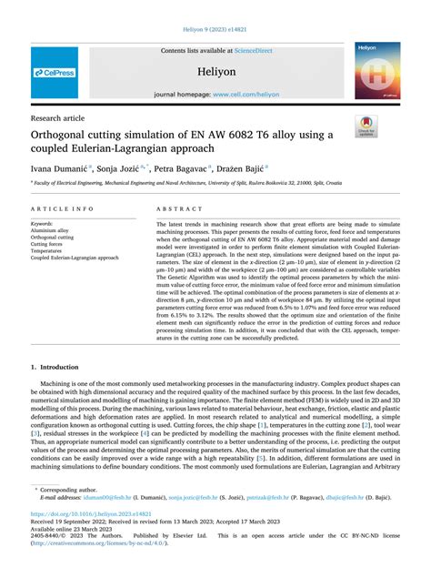 Pdf Orthogonal Cutting Simulation Of En Aw 6082 T6 Alloy Using A Coupled Eulerian Lagrangian