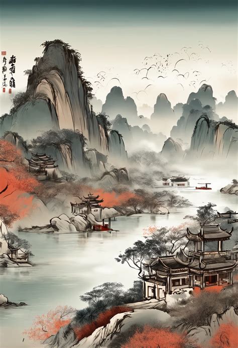 강이 있는 산의 그림을 클로즈업하다 Seaart Ai